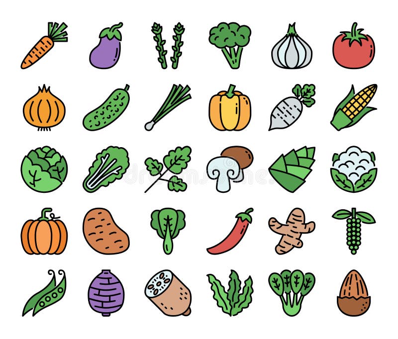 Vegetable Color Outline Vector Icons Stock Vector - Illustration of ...
