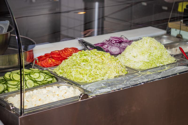 Vegetable Counter at a Local Pizza and Gyros Restaurant Stock Photo ...