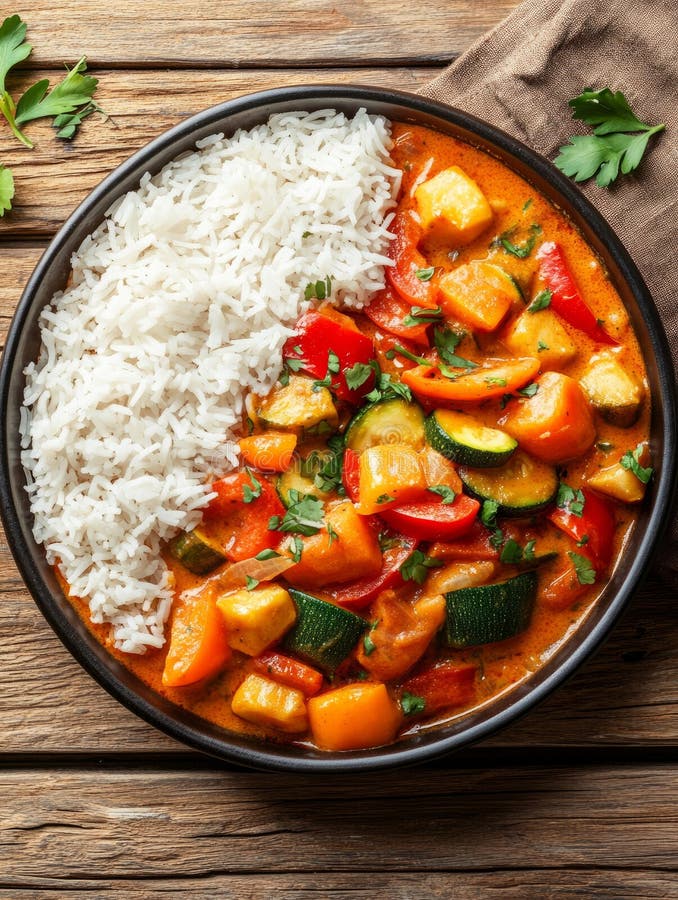 Vegetable Curry with Rice on a Wooden Table. Stock Image - Image of ...