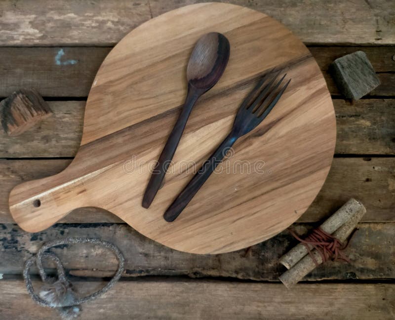 Vegetable Cutting Board, Spoon and Fork Stock Photo - Image of brown ...
