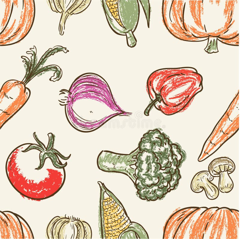Vegetable Doodle Pattern and Chalk Colors Stock Vector - Illustration ...