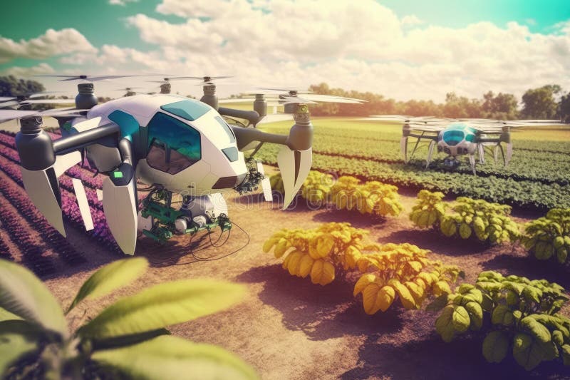 Vegetable Field with Robots in Action, Efficiently Tending To the Crops ...