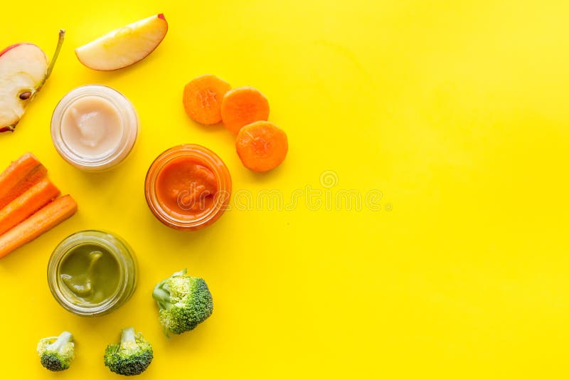 Vegetable and Fruits Puree for Feed Babies on Yellow Background Top ...