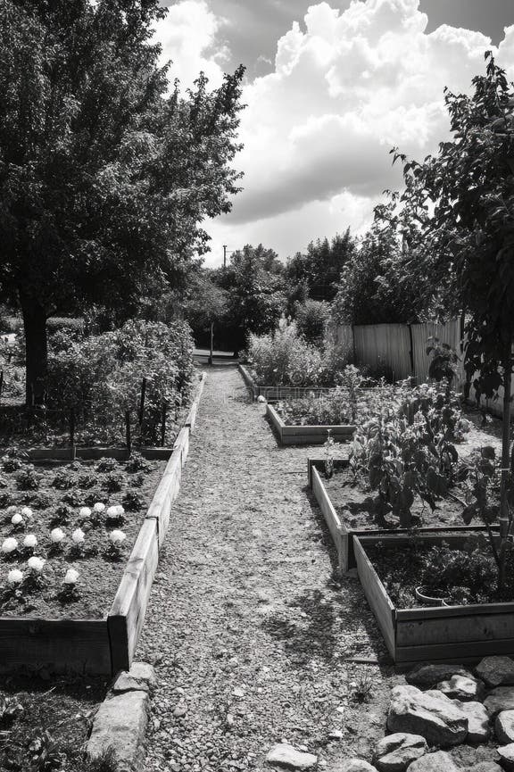 Vegetable Garden Path stock photo. Image of beds, cloudy - 364538474