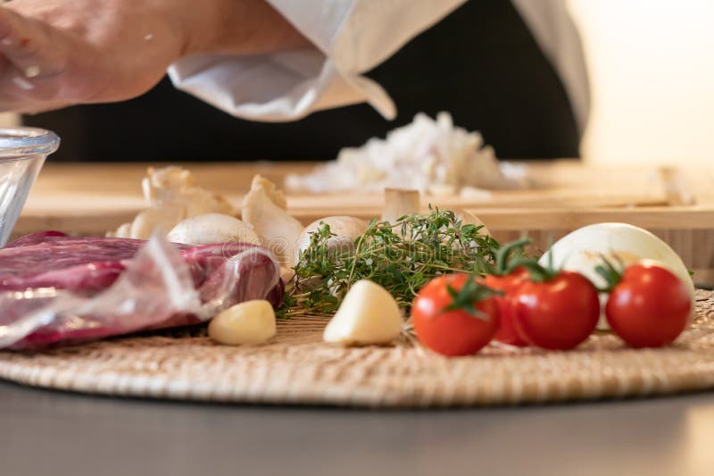 The Vegetable Ingredient on the Circle Wicker Plate on Black Granite ...