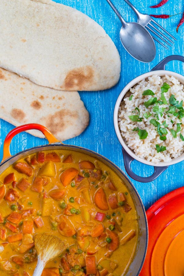 Vegetable Korma Curry with Naan Bread and Rice Stock Photo - Image of ...