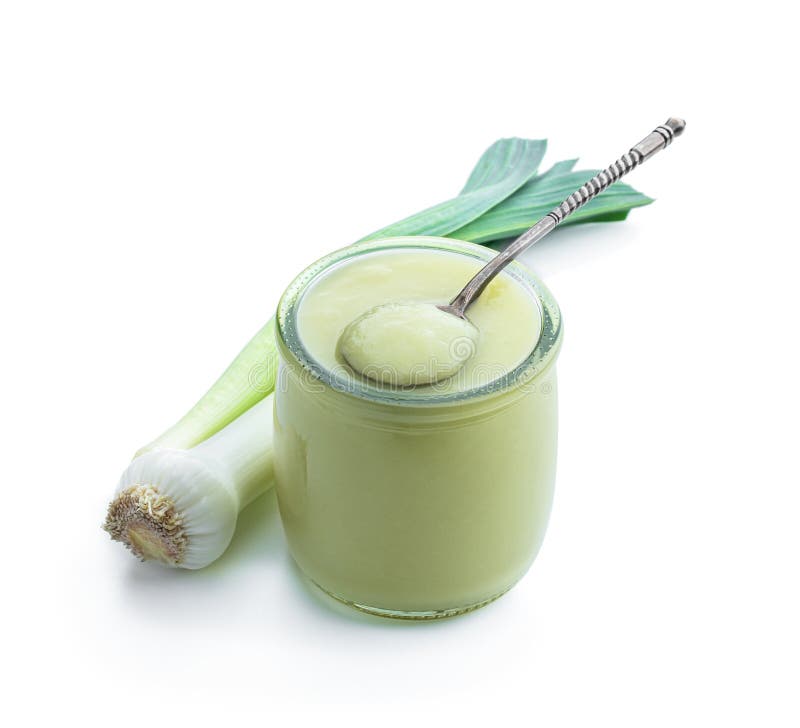 Vegetable Leek Puree in a Glass Jar Isolated on White Stock Photo ...