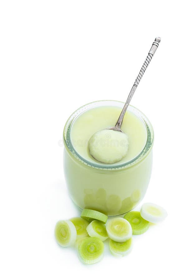 Vegetable Leek Puree in a Glass Jar Isolated on White Stock Image ...
