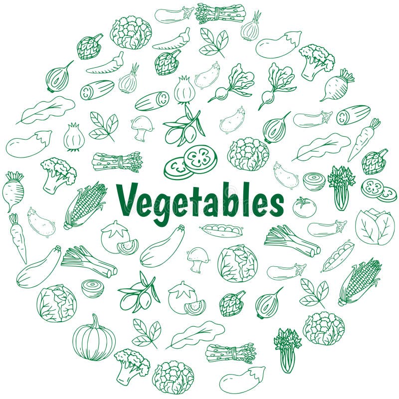 Vegetable Line Art Hand Drawn Doodle in Circle Template Stock Vector ...