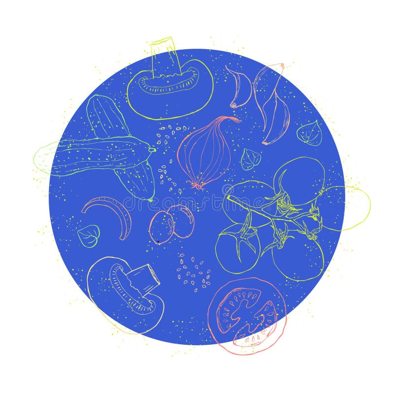 Vegetable Line Art Sketch Bright Circle Composition Stock Vector ...