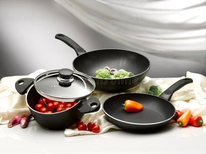 Vegetable into Pans and Pot Stock Photo - Image of potful, onions ...