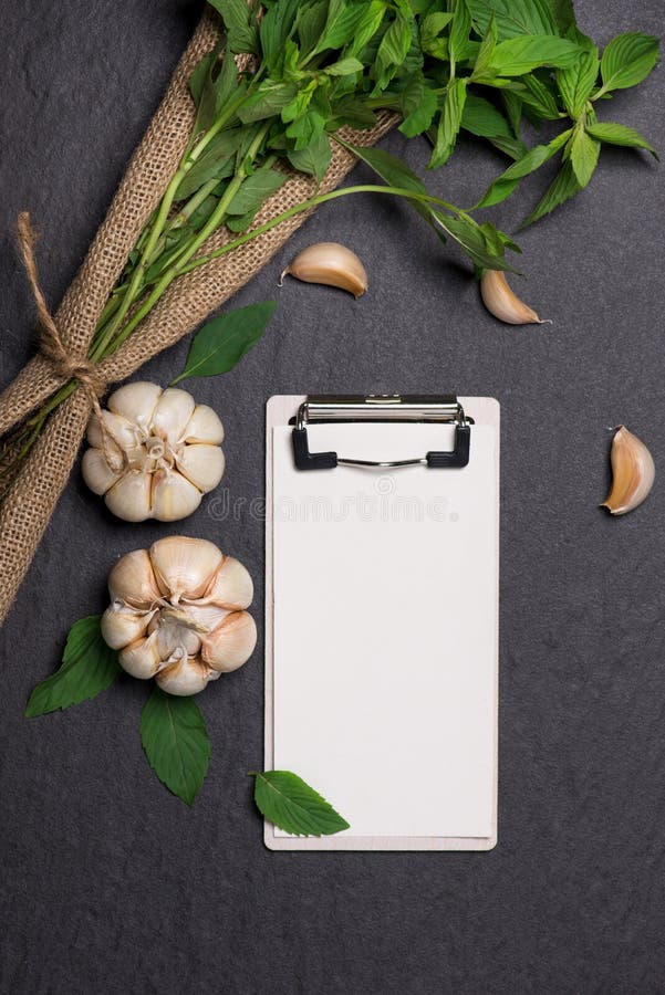 Vegetable Recipe. Open Menu Book with Fresh Herbs and Spices on Stock ...