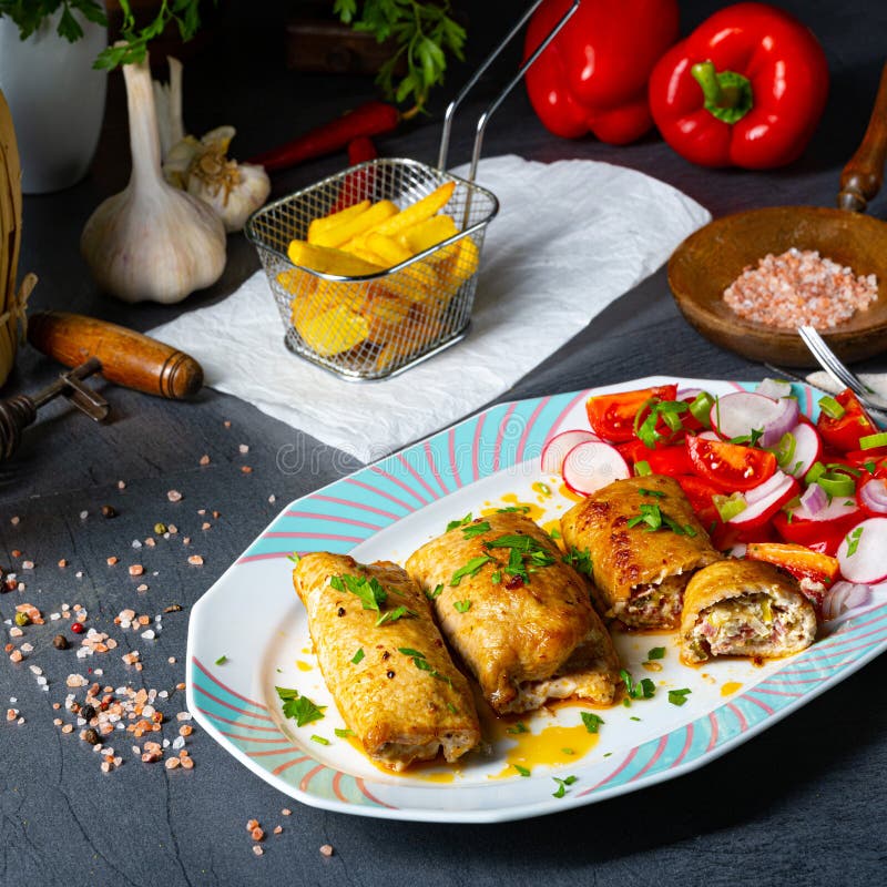 Vegetable Roulade from Roast Pork Loins with Salads Stock Image - Image ...