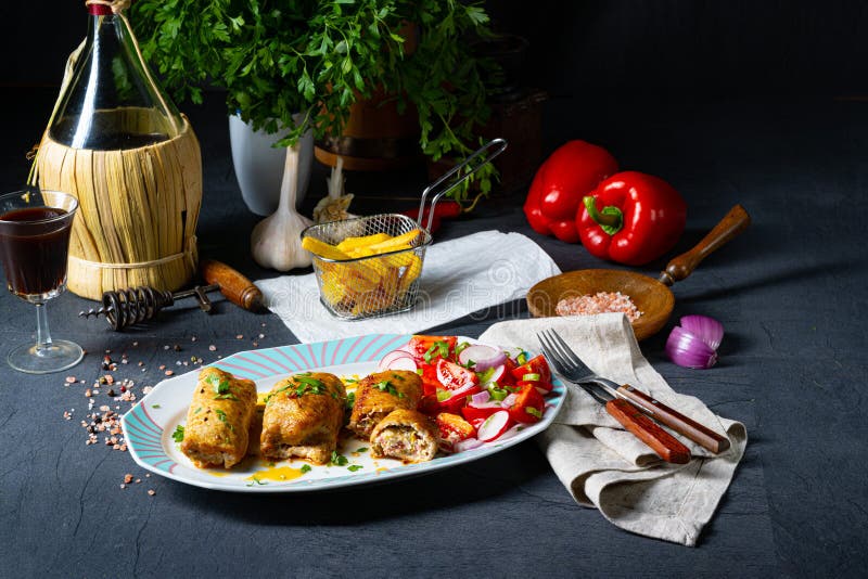 Vegetable Roulade from Roast Pork Loins with Salads Stock Image - Image ...