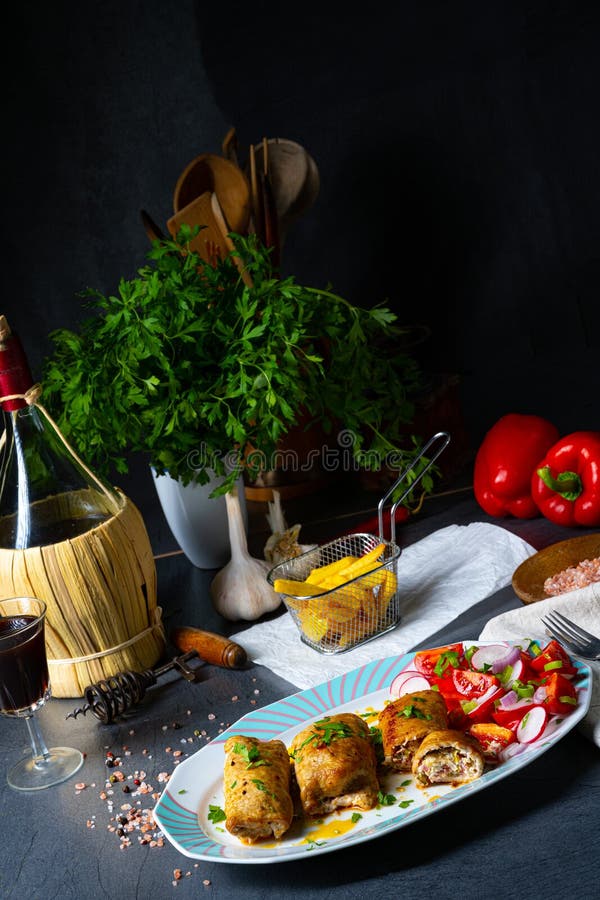 Vegetable Roulade from Roast Pork Loins with Salads Stock Image - Image ...