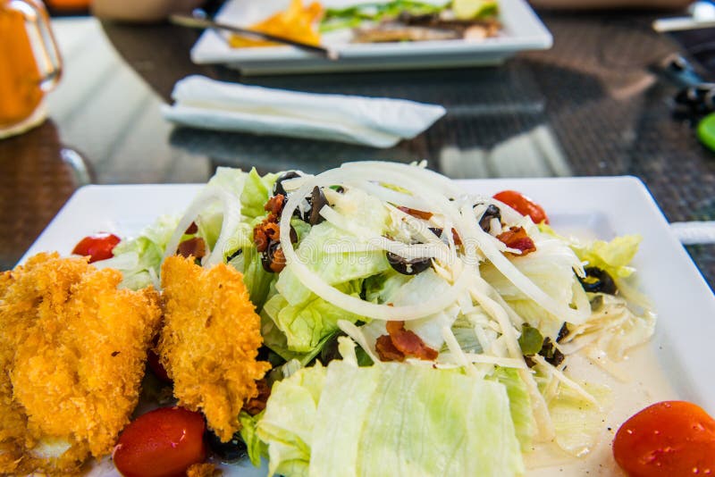 Vegetable Salad with Breaded Fried Fish Stock Photo - Image of crispy ...