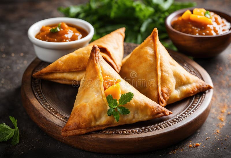 A Vegetable Samosa with Mango Chutney Stock Illustration - Illustration ...