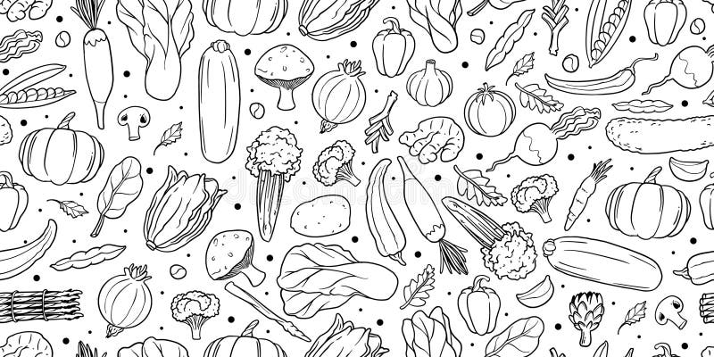 Vegetable Seamless Pattern with Hand Drawn Doodle Line Art Stock Vector ...