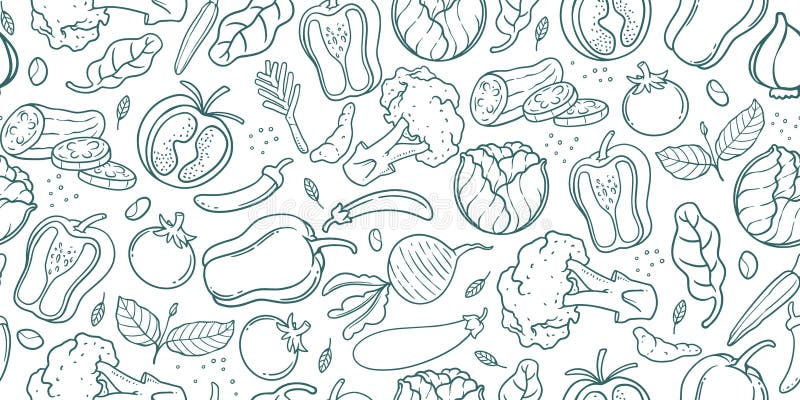 Vegetable Seamless Pattern with Hand Drawn Doodle Line Art Stock Vector ...