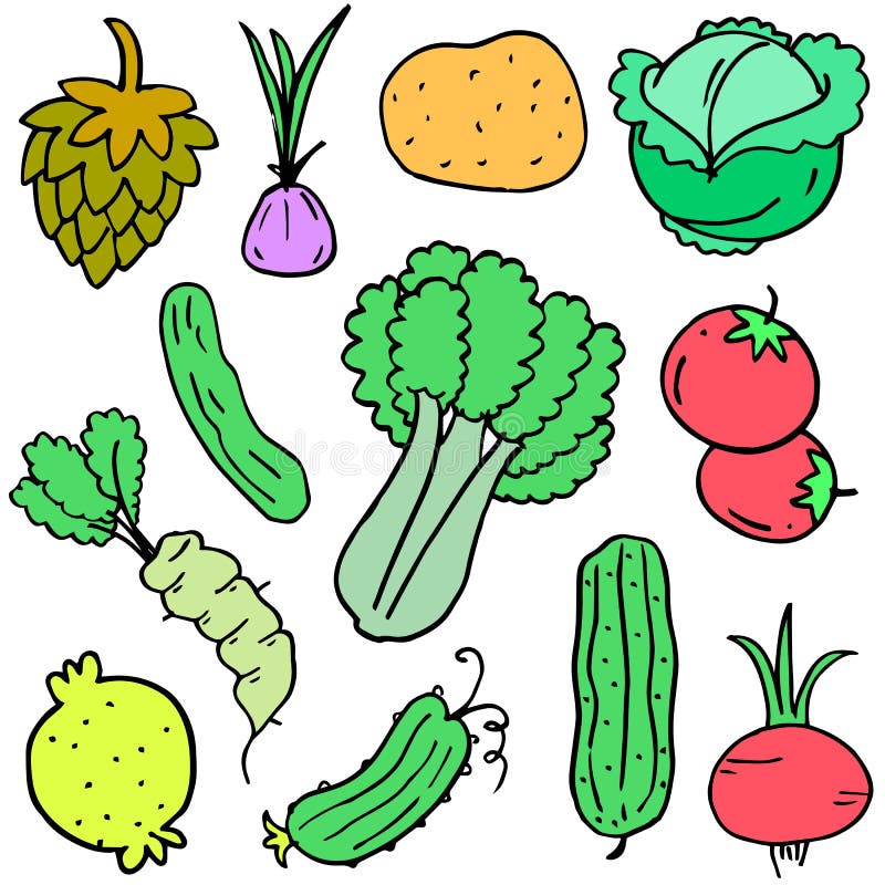 Vegetable Set Doodles Design Cartoon Stock Vector - Illustration of ...