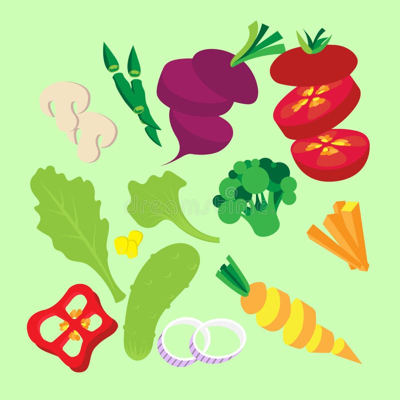 Vegetables Set Background. Vector Illustration. Cut Sliced and Chopped ...