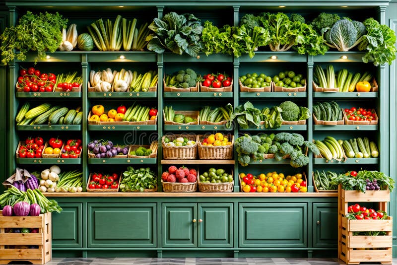 Vegetable Shop. Showcase with Vegetables and Fruits in the Shop Stock ...