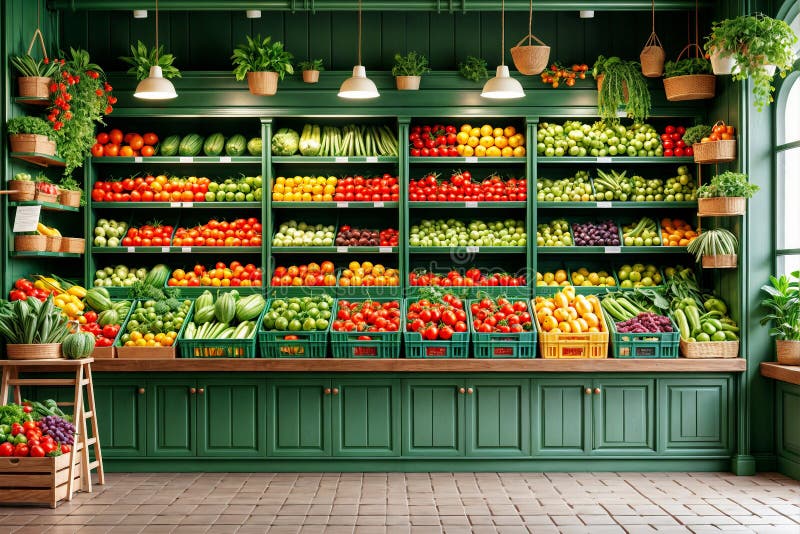 Vegetable Shop. Showcase with Vegetables and Fruits in a Store Stock ...