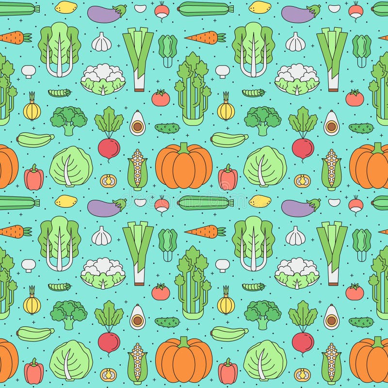 Vegetable Simple Outline Seamless Vector Blue Pattern. Stock Vector ...