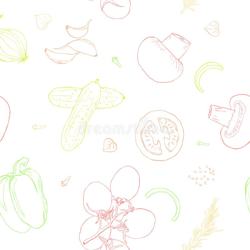 Vegetable Sketch Style Line Art Iseamless Pattern Stock Vector ...