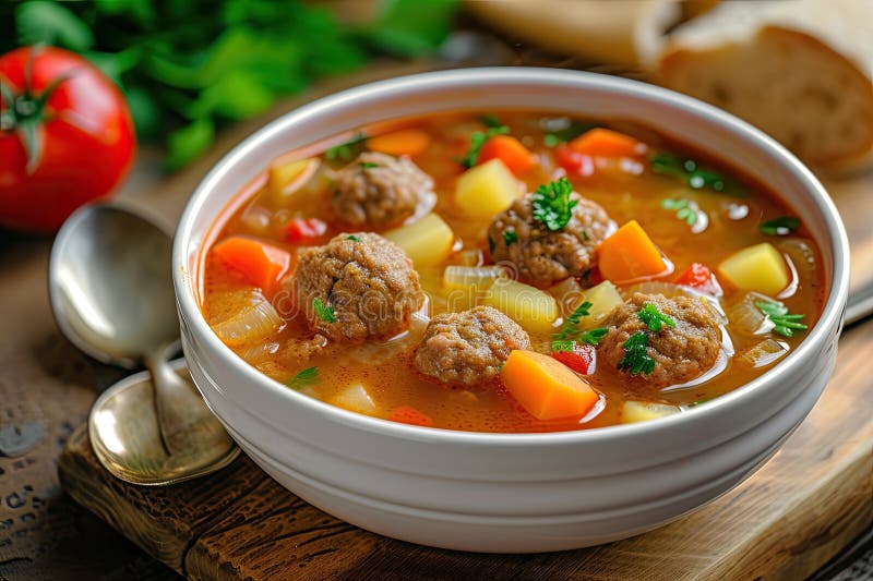 Vegetable Soup with Meatballs Stock Illustration - Illustration of ...