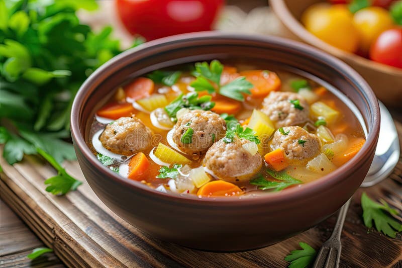 Vegetable Soup with Meatballs Stock Illustration - Illustration of ...