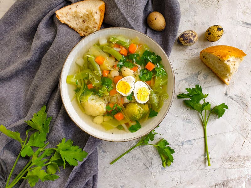 Vegetable Soup, Quail Egg Cooking a Concrete Background Stock Photo ...