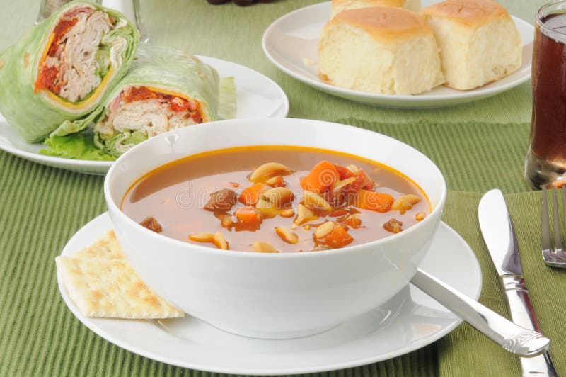 Vegetable Soup with Turkey Wraps Stock Image - Image of broth, shakers ...