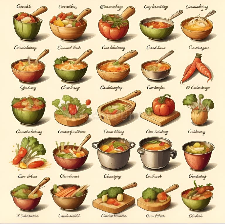 Vegetable Soup. Vector Illustration of Different Types of Soup Stock ...