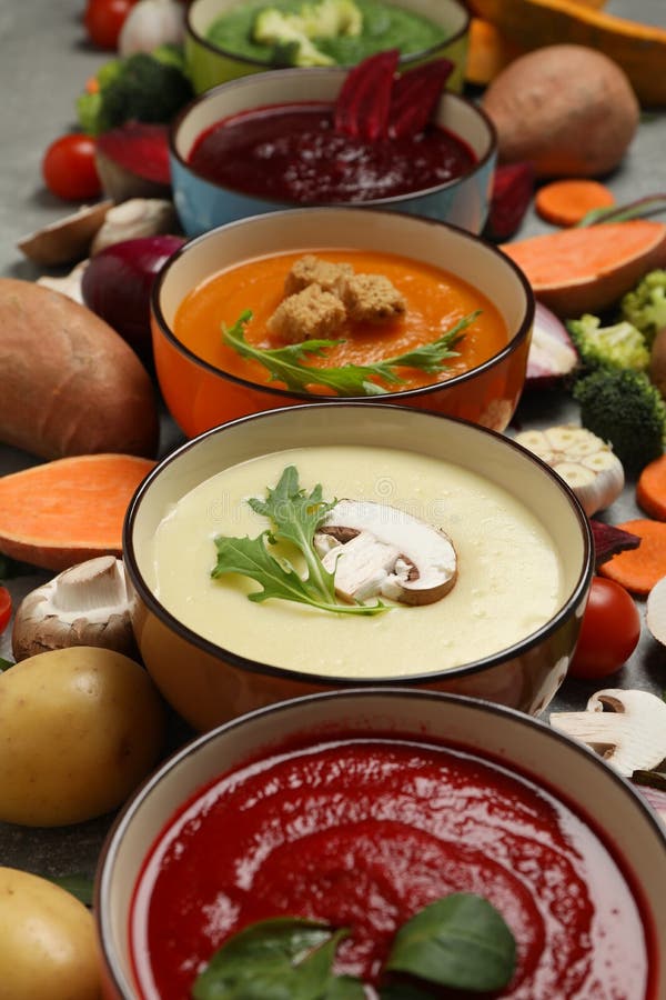 Vegetable Soups and Ingredients on Table. Healthy Eating Stock Photo ...