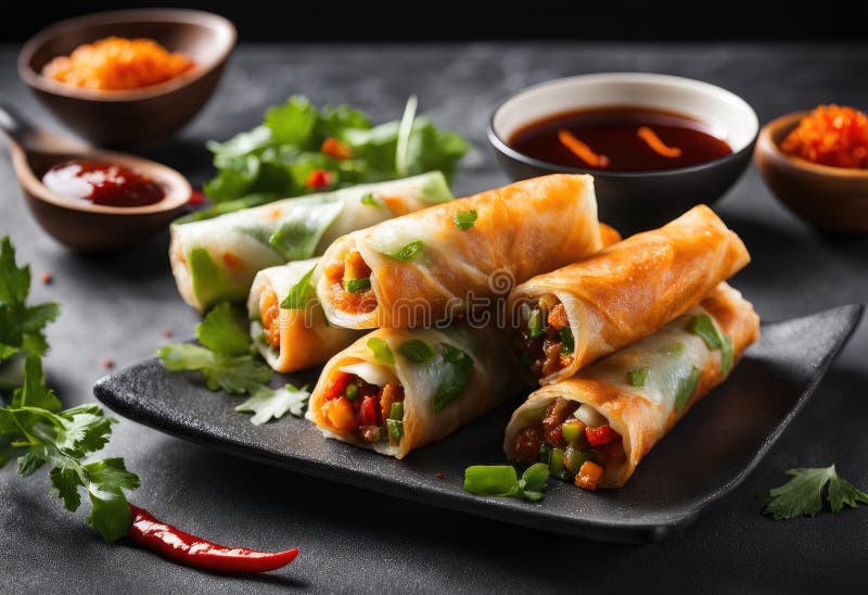 A Vegetable Spring Roll with Sweet Chili Sauce Stock Illustration ...