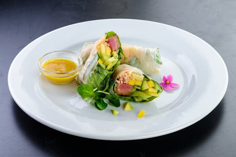Vegetable Spring Rolls Decorated with Flowers Stock Image - Image of ...