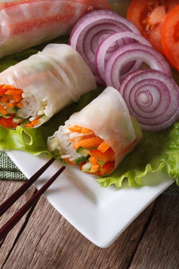 Vegetable Spring Rolls with Sauce Vertical Top View Stock Image - Image ...