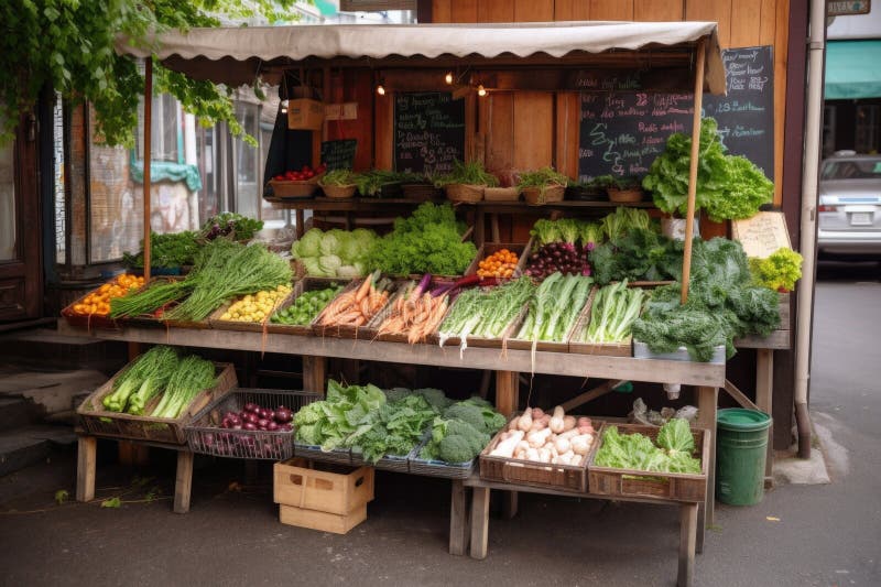 Vegetable Stand with Fresh Produce and Herbs, Ready To Sell Stock ...