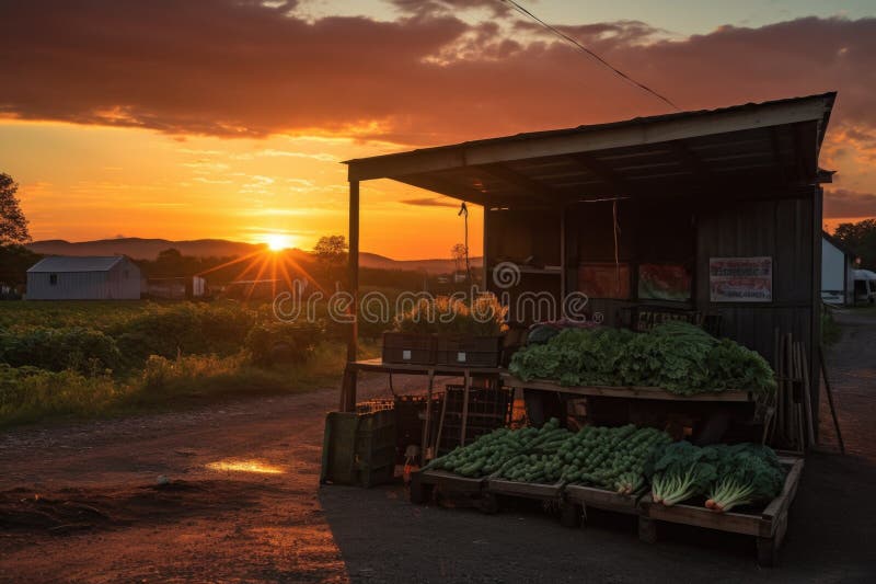 A Vegetable Stand at Sunset, with the Sun Setting Behind it Stock ...