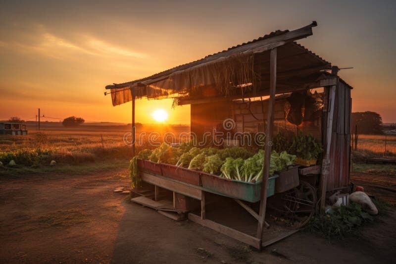 A Vegetable Stand at Sunset, with the Sun Setting Behind it Stock ...