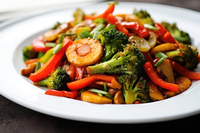 Vegetable Stir Fry on a Plain White Plate Stock Illustration ...