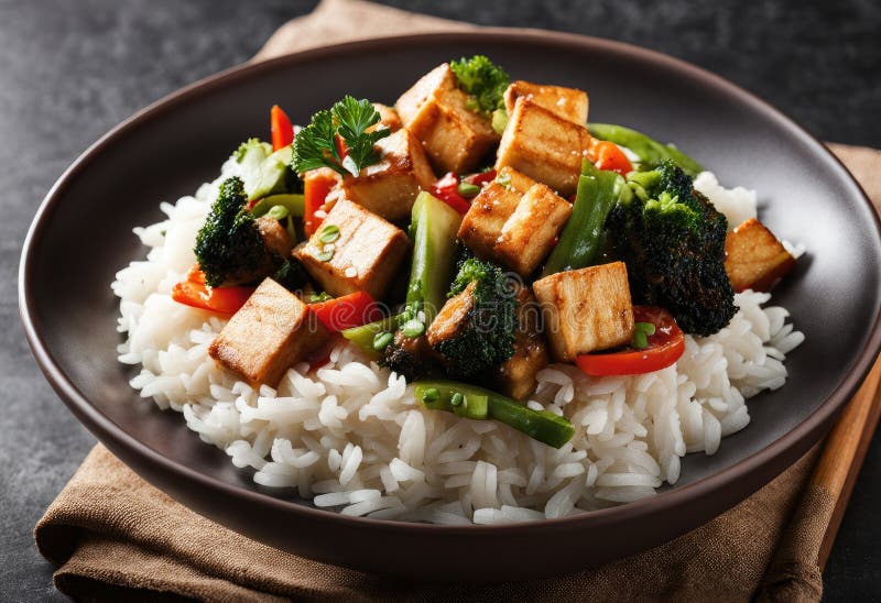 A Vegetable Stir Fry with Tofu and Rice Stock Illustration ...