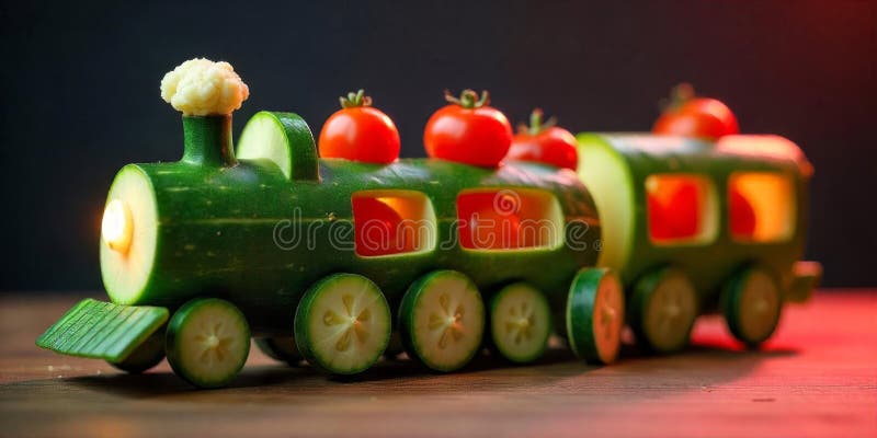 Vegetable Train Crafted from Cucumbers and Tomatoes on a Wooden Surface ...