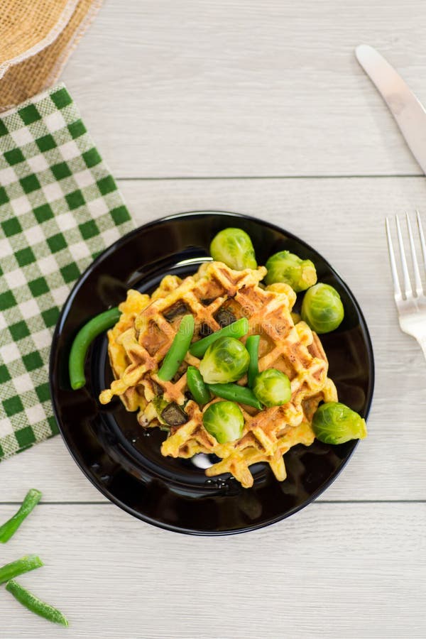 Vegetable Waffles with Brussel Sprouts and Green Beans Stock Photo ...