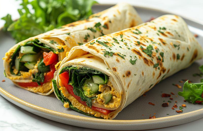 Vegetable Wrap Filled with Hummus, Cucumber and Roasted Red Peppers on ...