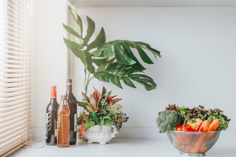 Vegetables Basket on Kitchen Counter Stock Image - Image of clean ...