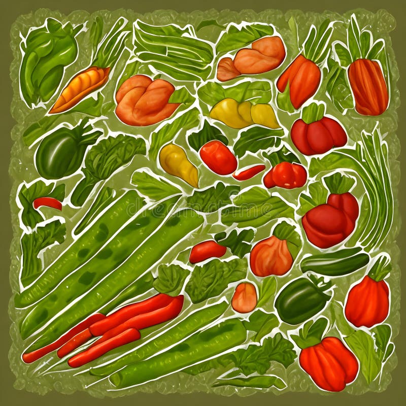 Vegetables in Cartoon Style on Green Background. Vector Illustration ...