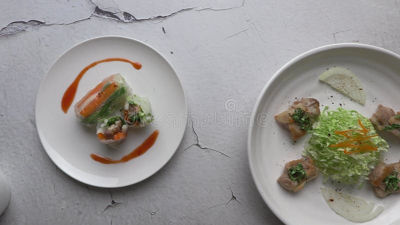 Vegetables and Chicken in Rice Paper Wrapped with Chili Sauce. Stock ...