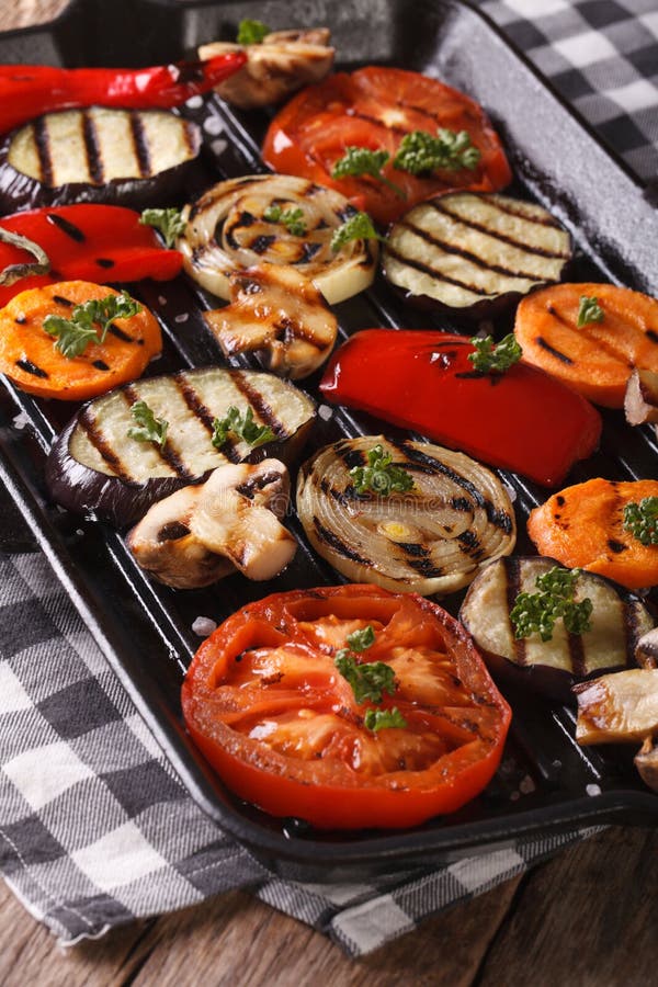 Vegetables Cooked on the Grill Pan Closeup. Vertical Stock Photo ...